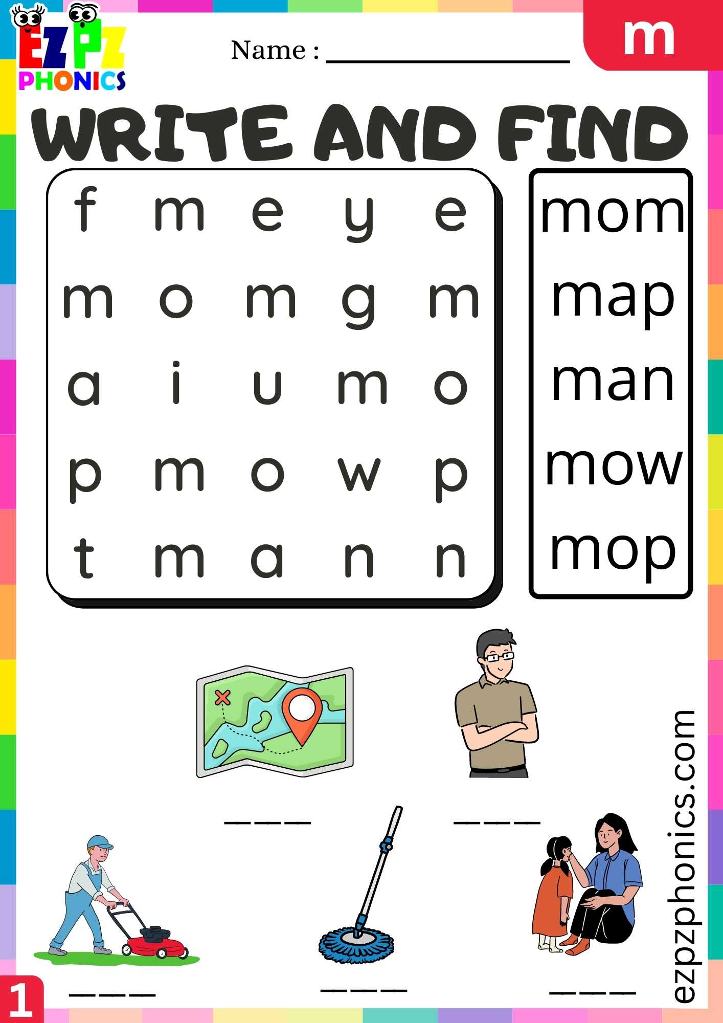 Letter M Write And Find Beginning Sounds Worksheet - ezpzphonics.com